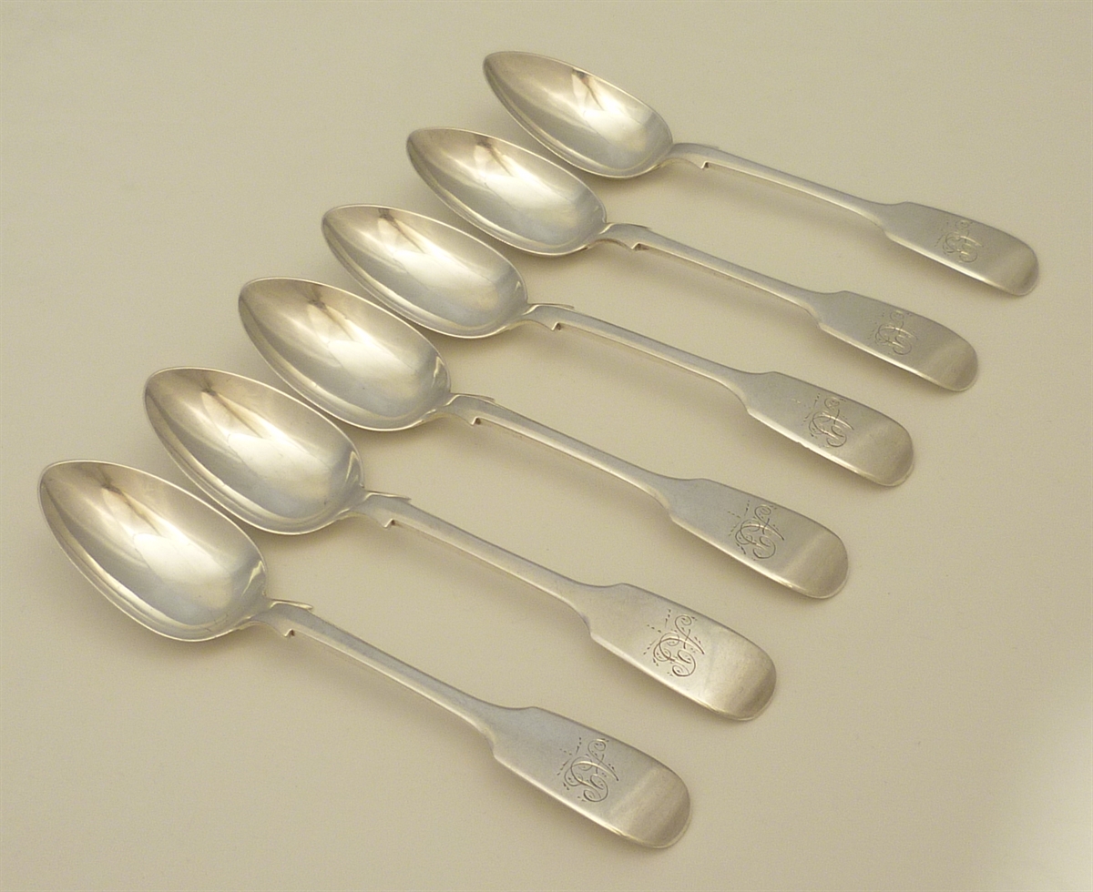 Set of six English Victorian solid sterling silver Fiddle pattern ...