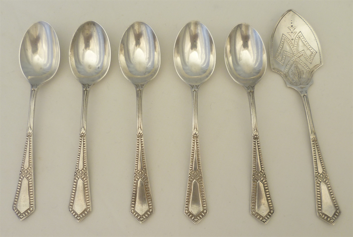 Five Victorian solid sterling silver coffee spoons and the matching ...
