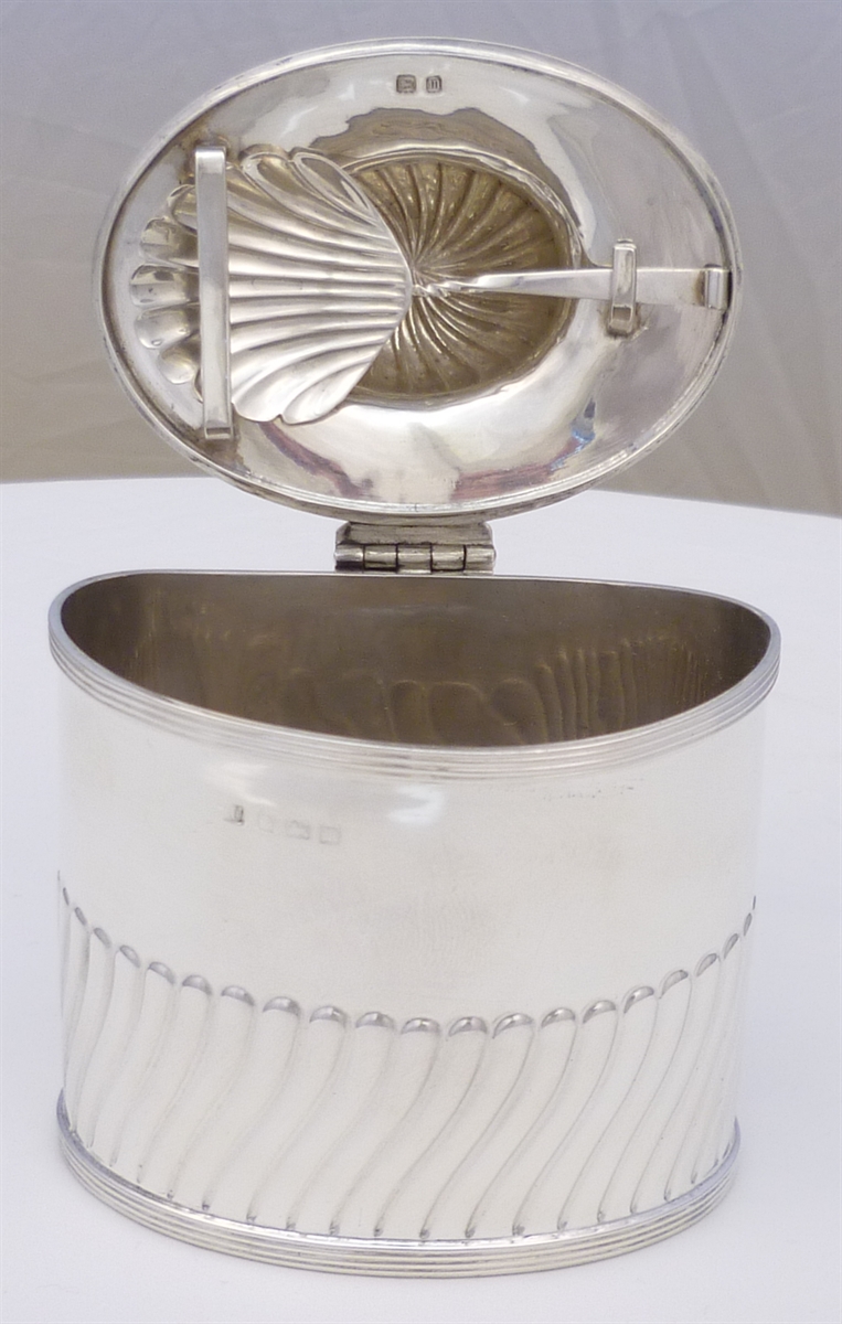 sterling silver semi-fluted tea caddy with the original integral caddy ...