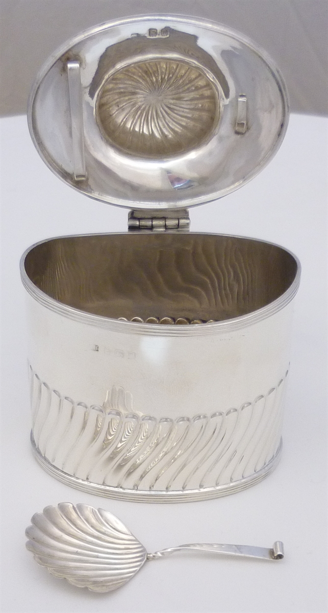 sterling silver semi-fluted tea caddy with the original integral caddy ...